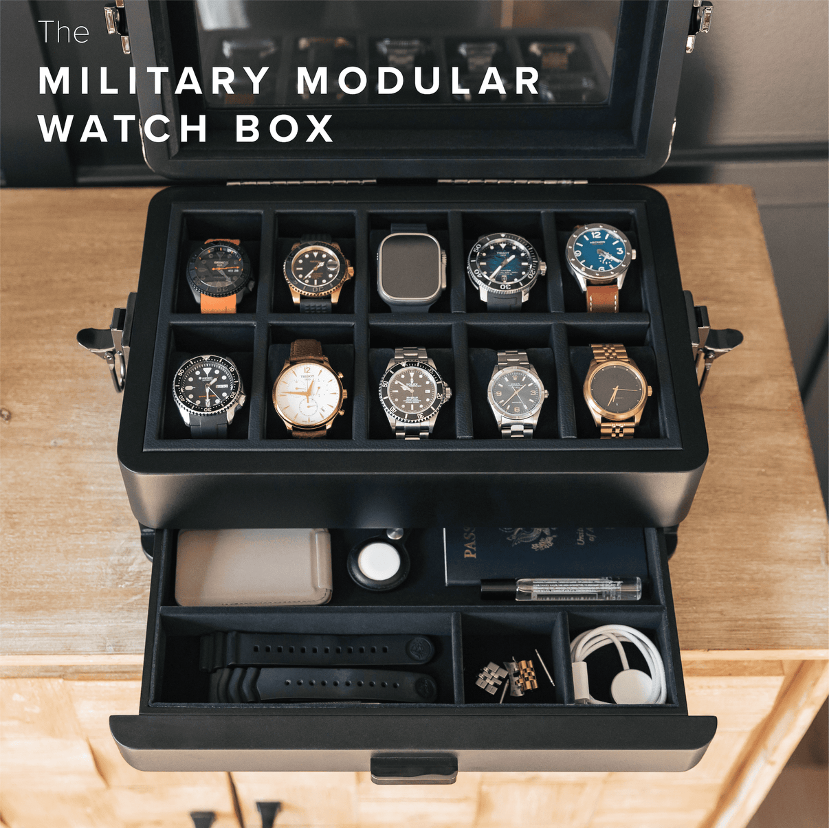 10-Slot Black Watch Box with Modular Storage & Accessory Drawer ...