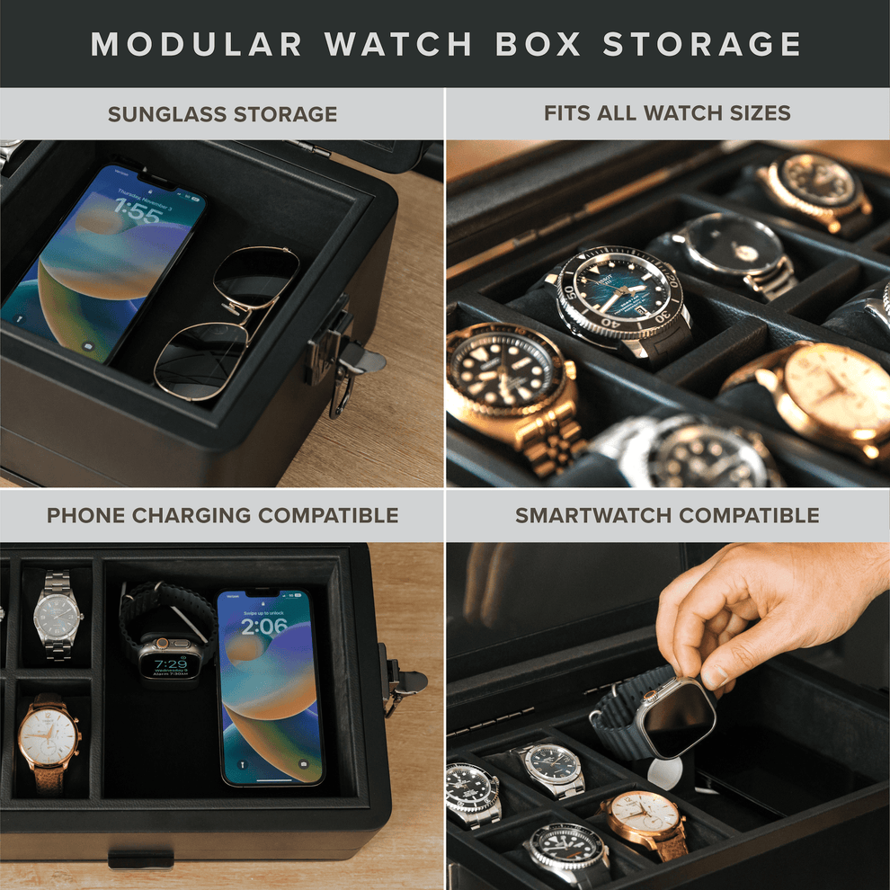 10-Slot Black Watch Box with Modular Storage & Accessory Drawer ...