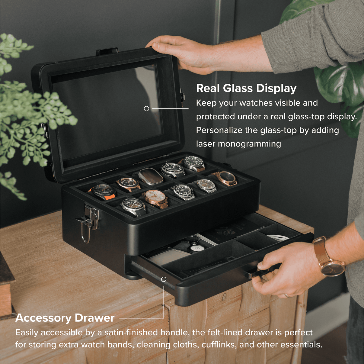 10-Slot Black Watch Box with Modular Storage & Accessory Drawer ...