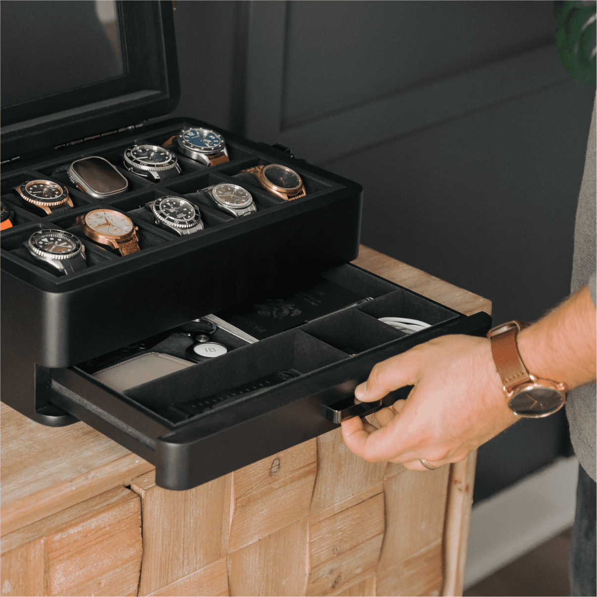 10-Slot Black Watch Box with Modular Storage & Accessory Drawer ...