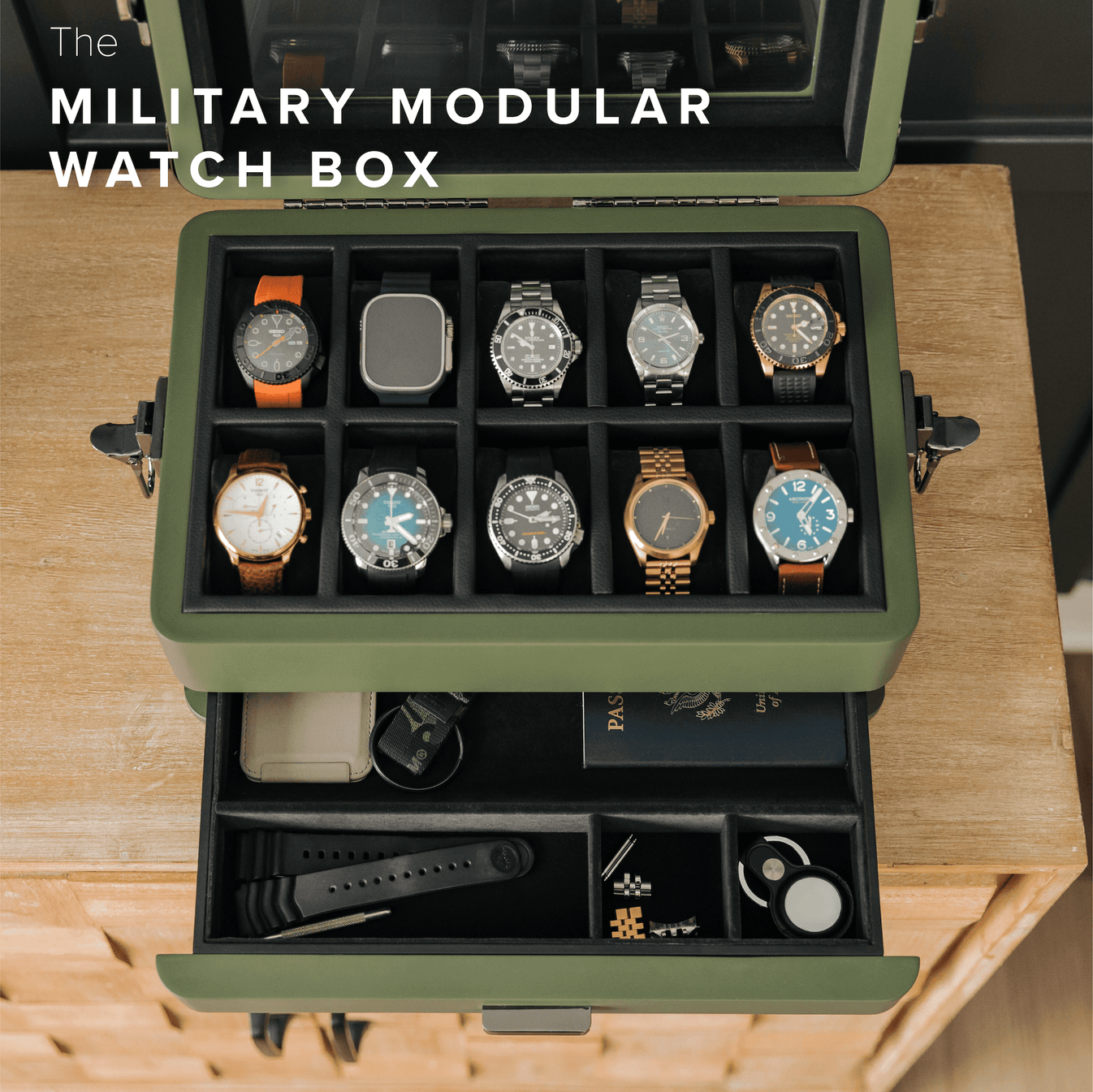 10-Slot Green Watch Box with Modular Storage & Accessory Drawer ...