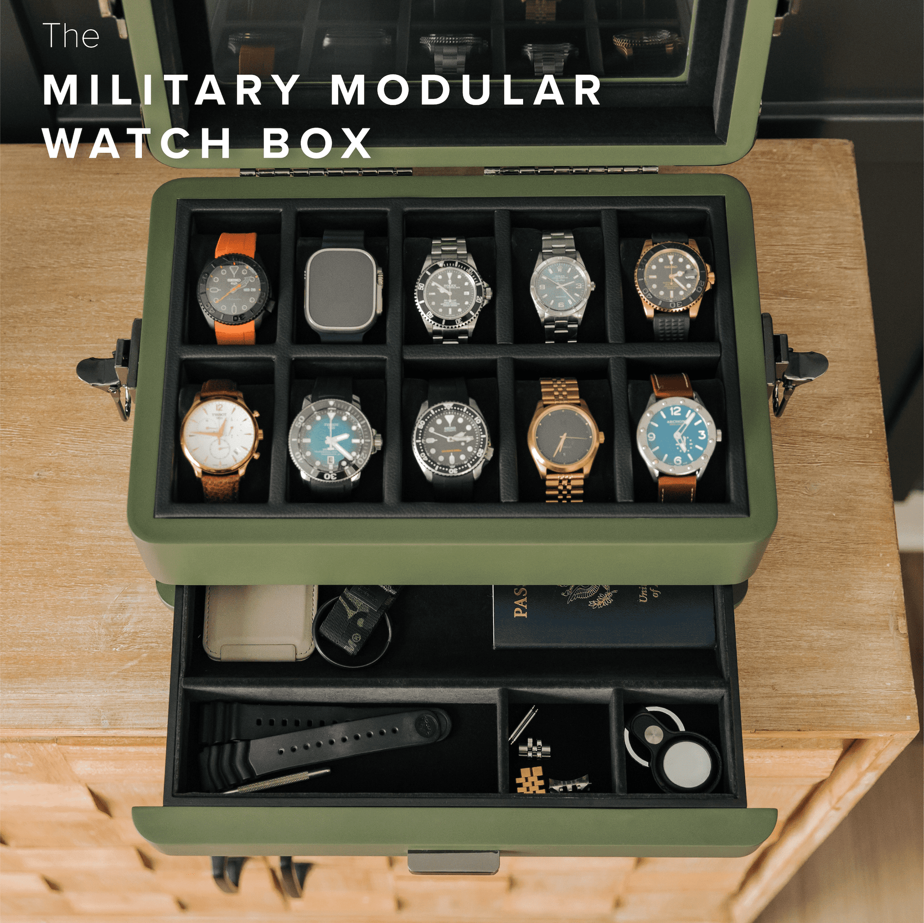 10-Slot Green Watch Box with Modular Storage & Accessory Drawer ...