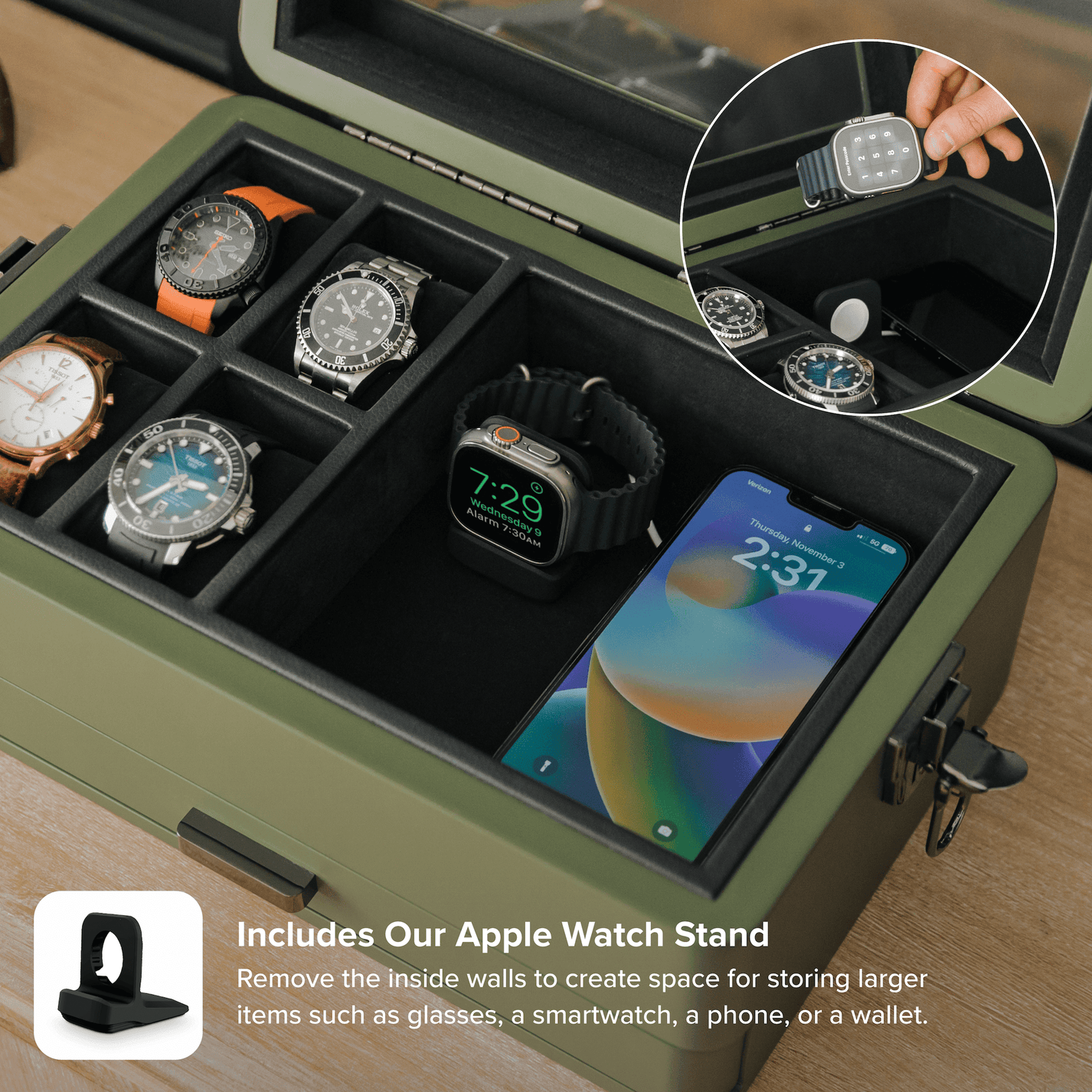 10-Slot Green Watch Box with Modular Storage & Accessory Drawer ...