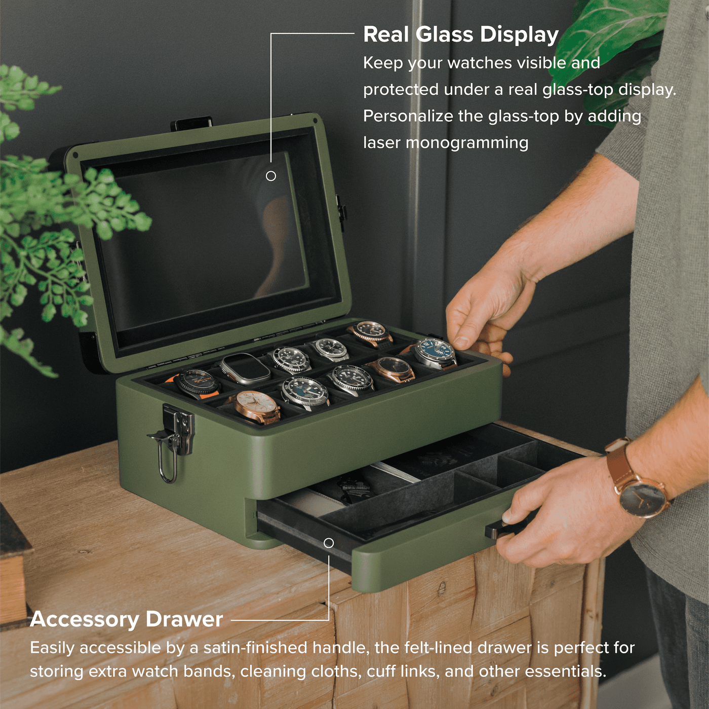 10-Slot Green Watch Box with Modular Storage & Accessory Drawer ...