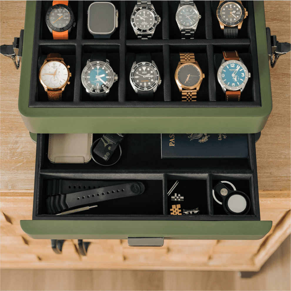 10-Slot Green Watch Box with Modular Storage & Accessory Drawer ...