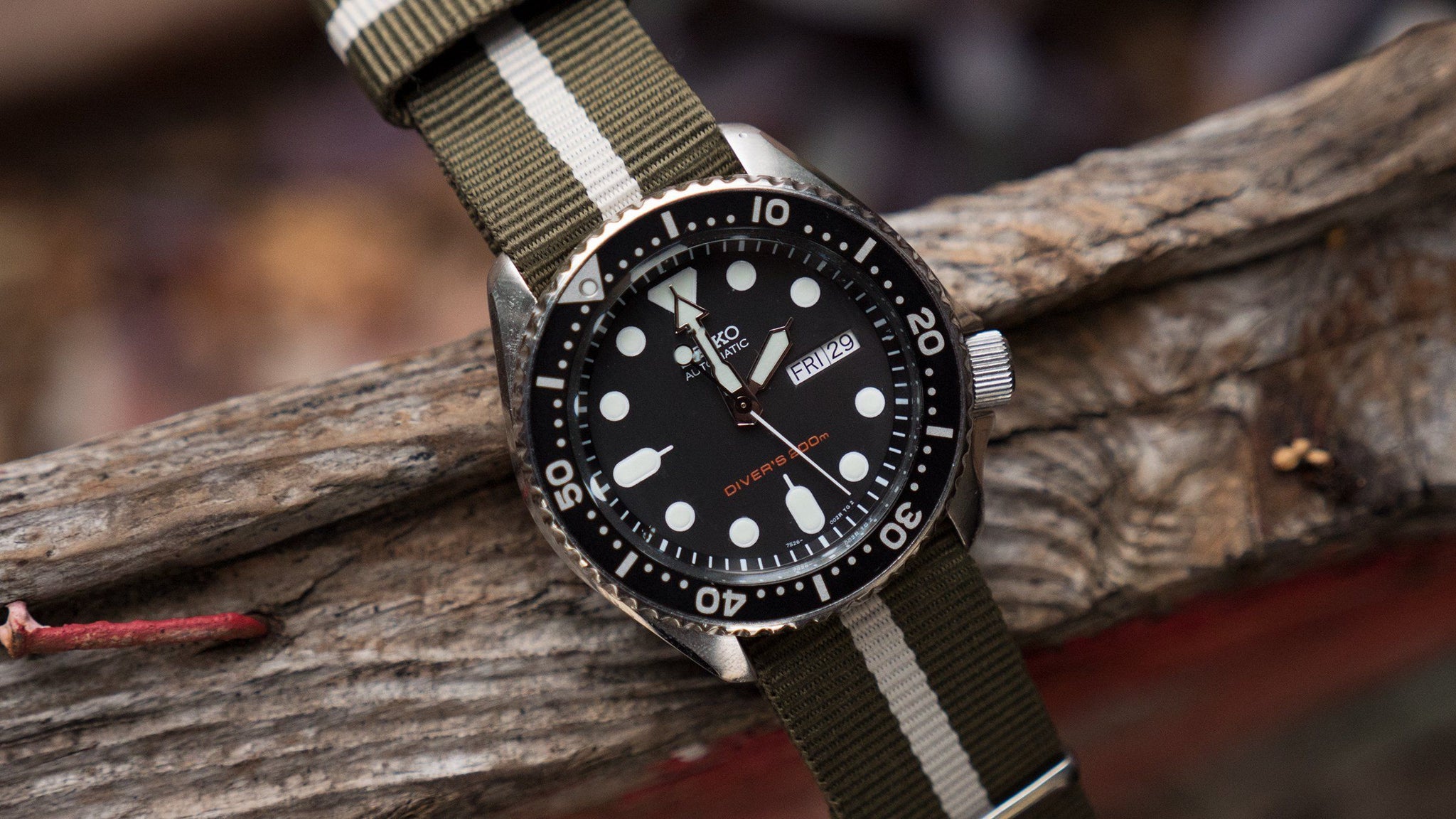 Army Green & White Striped NATO® style Strap | Army Green Nylon Watch ...